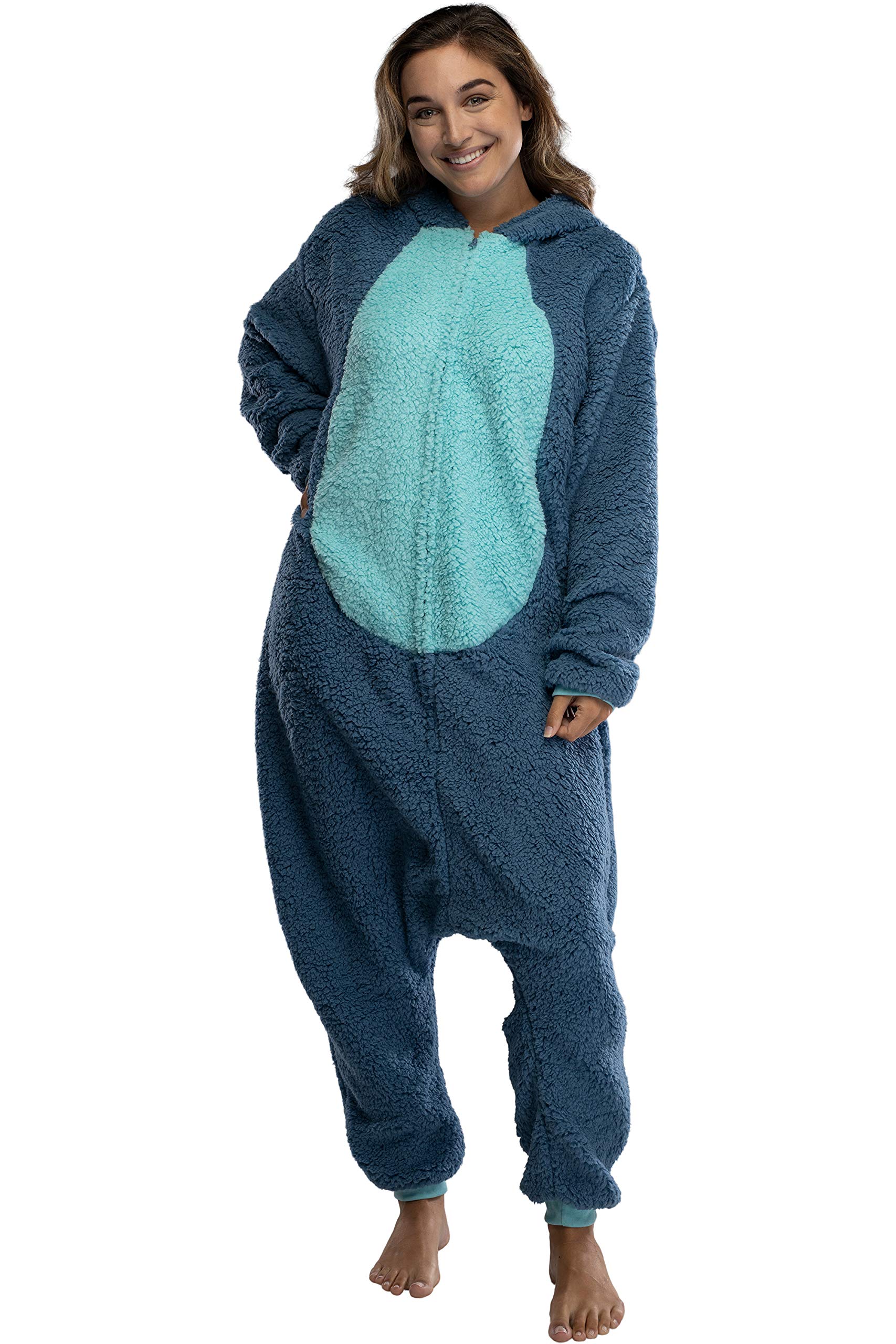 Disney Lilo & Stitch Adult Stitch Kigurumi Cosplay Costume Sherpa Union Suit Pajama Outfit (S/M) Blue