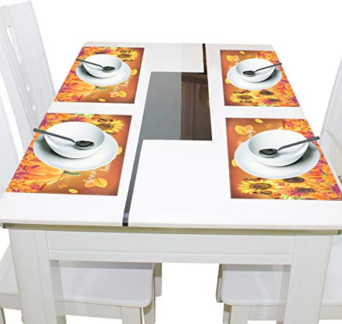 ZOEO Thanksgiving Placemats Set of 6 Pumpkin Sunflower Butterfly Fall Floral Leaves Dining Table Mats Non Slip Vinyl Placemat Kitchen Heat Resistant Washable