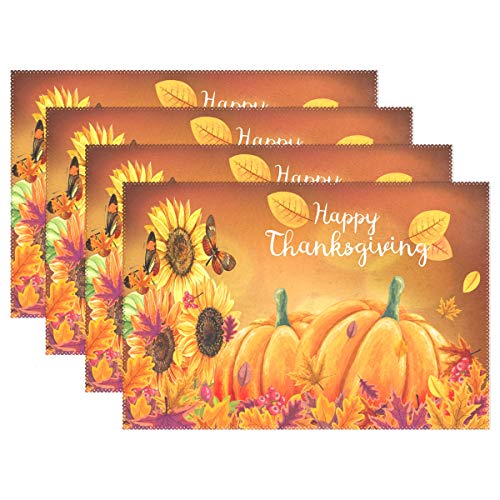 ZOEO Thanksgiving Placemats Set of 6 Pumpkin Sunflower Butterfly Fall Floral Leaves Dining Table Mats Non Slip Vinyl Placemat Kitchen Heat Resistant Washable