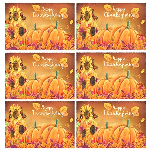 ZOEO Thanksgiving Placemats Set of 6 Pumpkin Sunflower Butterfly Fall Floral Leaves Dining Table Mats Non Slip Vinyl Placemat Kitchen Heat Resistant Washable