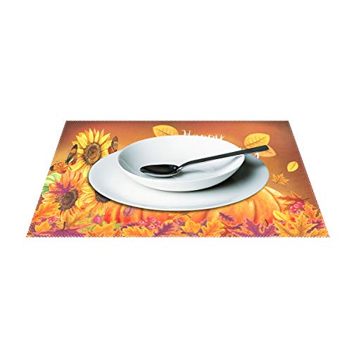 ZOEO Thanksgiving Placemats Set of 6 Pumpkin Sunflower Butterfly Fall Floral Leaves Dining Table Mats Non Slip Vinyl Placemat Kitchen Heat Resistant Washable