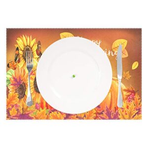 ZOEO Thanksgiving Placemats Set of 6 Pumpkin Sunflower Butterfly Fall Floral Leaves Dining Table Mats Non Slip Vinyl Placemat Kitchen Heat Resistant Washable