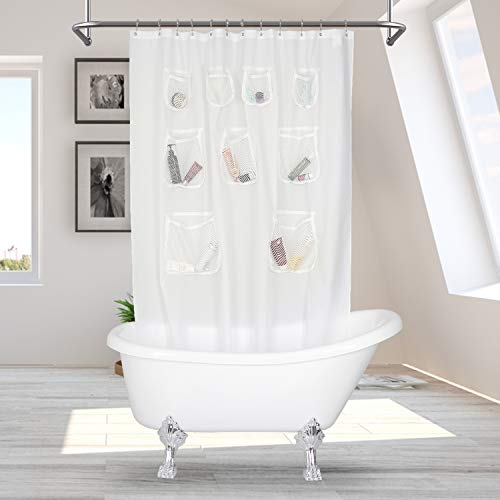 N&Y HOME Waterproof Fabric Shower Curtain or Liner with 9 Mesh Pockets - White, 71x72 Inches