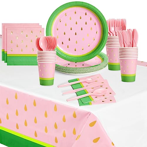 145-Pieces Pink Watermelon Party Supplies for Birthday, Baby Shower, Summer Decorations, Set includes Paper Plates, Napkins, Cups, Cutlery, and Tablecloth (Serves 24)