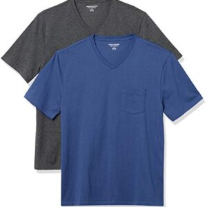 Amazon Essentials Men's Regular-Fit Short-Sleeve V-Neck Pocket T-Shirt, Pack of 2, Blue/Charcoal Heather, X-Large