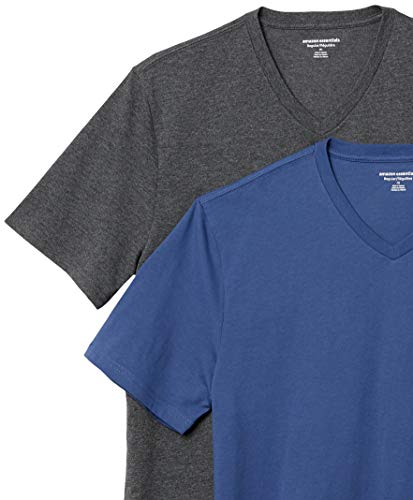 Amazon Essentials Men's Regular-Fit Short-Sleeve V-Neck Pocket T-Shirt, Pack of 2, Blue/Charcoal Heather, X-Large