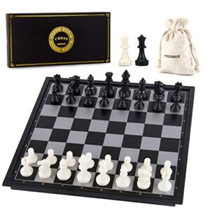 amerous 10 inches magnetic travel chess set with folding chess board - 2 extra queens - storage bag for pieces - instructions for beginner, kids and adults