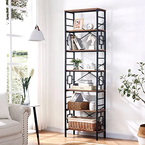 HOMISSUE Bookcase,7-Tier Tall Bookshelf Metal Bookcase and Bookshelves, Free Standing Storage Modern Bookshelf for Home Office Living Room and Bedroom, Rustic Brown