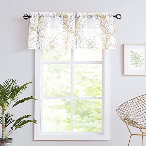 FMFUNCTEX White-Yellow Window Valance Curtain for Living Room 18" Grey Branch Print Valance for Kitchen 50" W x 18" L, 1 Panel