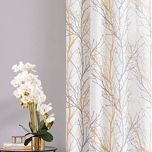 FMFUNCTEX White-Yellow Window Valance Curtain for Living Room 18" Grey Branch Print Valance for Kitchen 50" W x 18" L, 1 Panel