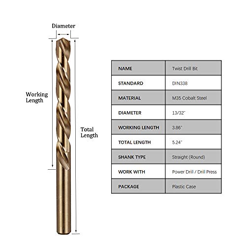 Hymnorq 13/32 Inch Diameter M35 Cobalt Steel Metalworking Twist Jobber Drill Bits 5PC Pack, 5.24 Inch Long, 135 Degree Split Point, for Stainless Steel Copper Aluminum Alloy and Iron