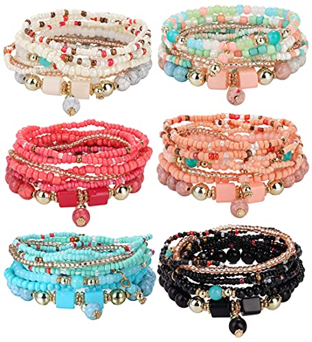 Udalyn 6 Sets Bohemian Stackable Bead Bracelets for Women Men Multilayered Bracelet Set Pendant Charm Stretch Bangles