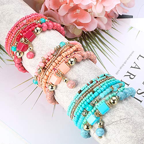 Udalyn 6 Sets Bohemian Stackable Bead Bracelets for Women Men Multilayered Bracelet Set Pendant Charm Stretch Bangles