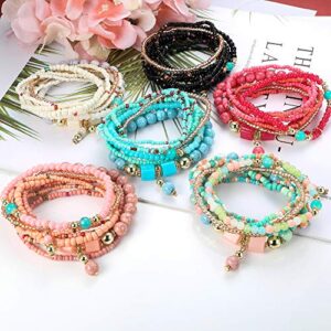 Udalyn 6 Sets Bohemian Stackable Bead Bracelets for Women Men Multilayered Bracelet Set Pendant Charm Stretch Bangles