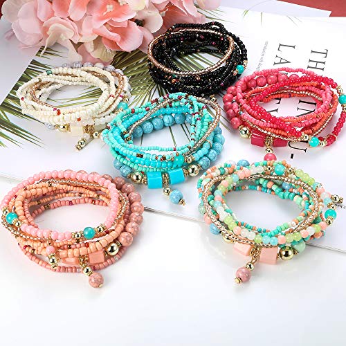 Udalyn 6 Sets Bohemian Stackable Bead Bracelets for Women Men Multilayered Bracelet Set Pendant Charm Stretch Bangles