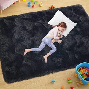 ultra soft black rugs for bedroom 4x6 feet, fluffy shag area rugs for living room, large comfy furry rug for boys kids baby room decor, non slip nursery rug modern indoor fuzzy floor carpet