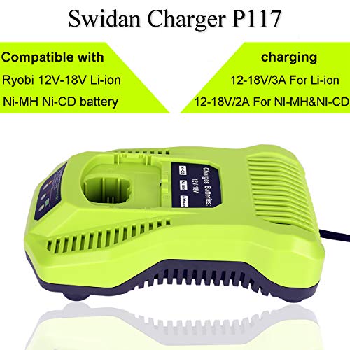 Swidan P117 18Volt Battery Charger for Ryobi One+ Plus P100 P108 P104 Lithium&Ni-cad Ni-Mh 12V MAX and 18V MAX Battery