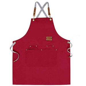 chef apron,cross back apron for men women with adjustable straps and large pockets,canvas,m-xxl (red)