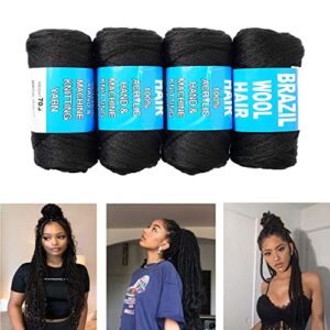 4 Packs Brazilian Wool Hair Yarn, Wool Yarn for Hair Jumbo Braiding& Senegalese Twisting Wool Hair Attachment Knitting Hair Braids(Natural Black)