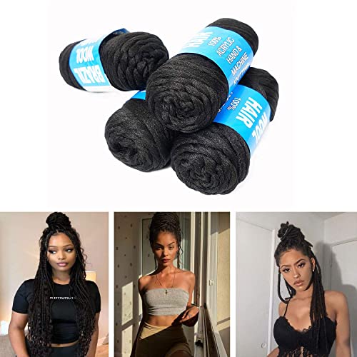 4 Packs Brazilian Wool Hair Yarn, Wool Yarn for Hair Jumbo Braiding& Senegalese Twisting Wool Hair Attachment Knitting Hair Braids(Natural Black)