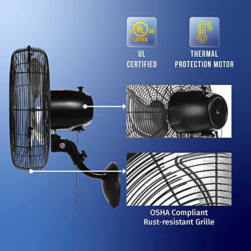 Tornado - 16 Inch Pro Series Oscillating Wall Mount Fan - High Velocity Heavy Duty Metal Wall Mount Fan for Industrial, Commercial, Residential, and Greenhouse Use - UL Safety Listed