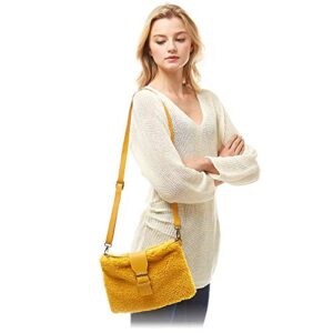 Me Plus Women Fashion Soft Sherpa Fleece Faux Leather Handbag Purse Shoulder Bag Adjustable Strap (Sherpa Fleece - Mustard)