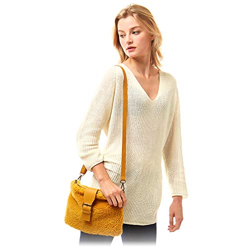 Me Plus Women Fashion Soft Sherpa Fleece Faux Leather Handbag Purse Shoulder Bag Adjustable Strap (Sherpa Fleece - Mustard)