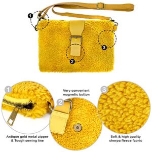 Me Plus Women Fashion Soft Sherpa Fleece Faux Leather Handbag Purse Shoulder Bag Adjustable Strap (Sherpa Fleece - Mustard)