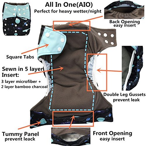 AIll in One Night AIO Cloth Diaper Nappy Sewn in Insert Reusable Washable (Animal Pack)