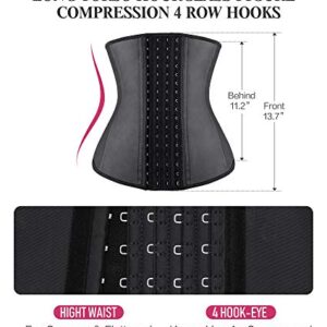 YIANNA Long Torso Waist Trainer for Women Latex Underbust Waist Corsets Cincher Hourglass Body Shaper 4 Row Hooks, (Size L, Black)