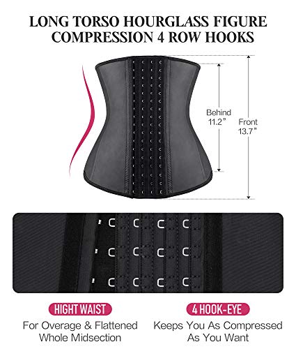 YIANNA Long Torso Waist Trainer for Women Latex Underbust Waist Corsets Cincher Hourglass Body Shaper 4 Row Hooks, (Size L, Black)