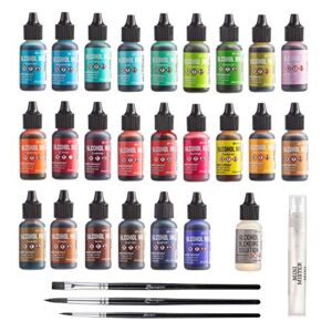 ranger tim holtz alcohol ink set, 24 pack (assorted colors) .5oz | alcohol ink blending solution | premium brush set for alcohol ink paper | 1 mini spray bottle