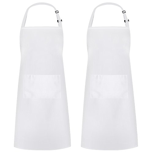 Syntus 2 Pack Adjustable Bib Apron Waterdrop Resistant with 2 Pockets Cooking Kitchen Aprons for BBQ Drawing, Women Men Chef, White