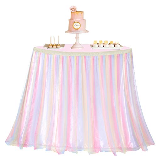 MORPHO HELENA 6ft Pastel Tulle Table Skirt for Rectangle or Round Tables Pink Tutu Table Skirts Tablecloth for Princess Baby Shower Girl Birthday Party Cake Dessert Table Decorations