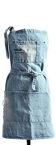 Jowcud Cotton Adjustable Bib Apron with 5 Pockets Cooking Kitchen Aprons Women Men Denim Jean Apron for Cafes Bars Kitchens