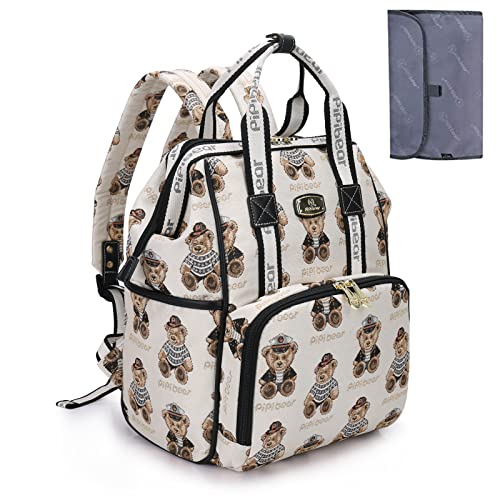 pipi bear Diaper Bag Backpack, Stylish Cute Travel Baby Diaper Bag, Jacquard Maternity Nappy Bag for Mom and Dad with Changing Pad, Cream