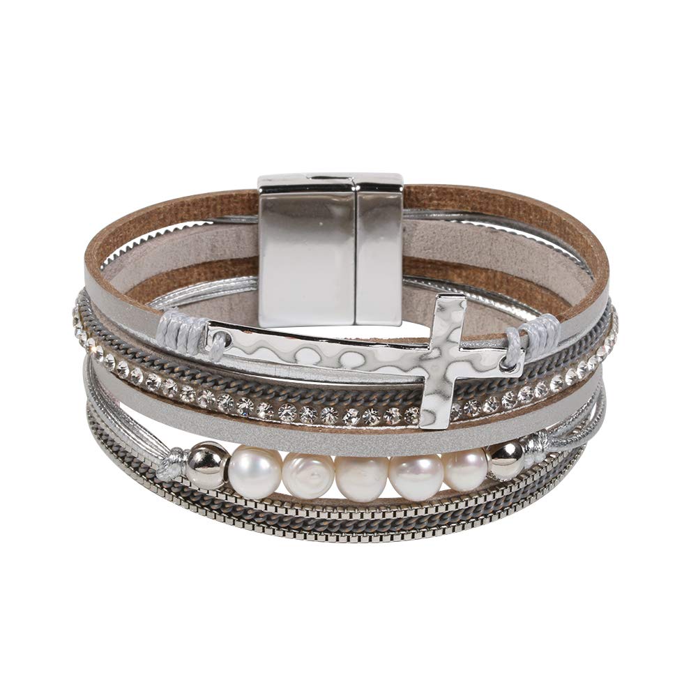 Vercret Leather Wrap Bracelet for Women - Multi-Layer Bracelets for lady, Ideal Gift Bracelet for Women, Mom (Pearl Cross Grey)