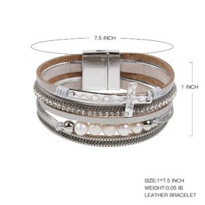 Vercret Leather Wrap Bracelet for Women - Multi-Layer Bracelets for lady, Ideal Gift Bracelet for Women, Mom (Pearl Cross Grey)