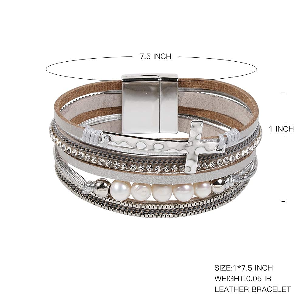 Vercret Leather Wrap Bracelet for Women - Multi-Layer Bracelets for lady, Ideal Gift Bracelet for Women, Mom (Pearl Cross Grey)