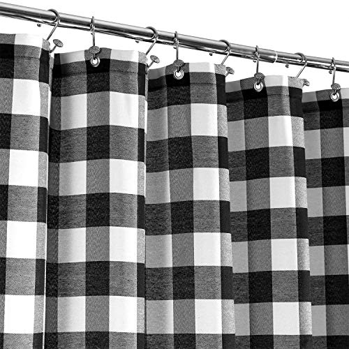 Barossa Design Buffalo Check Shower Curtain: Cotton Blend Plaid Woven Texture & Machine Washable, Water-Repellent, Rustic Farmhouse Style for Bathroom - Black and White, 71x72 Inch