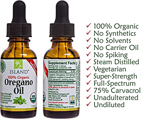 Island Nutrition, Oregano Oil Organic Liquid Drops - 100% Pure & Undiluted - USDA-Certified Organic (1 oz) 75% Carvacrol - Grown in Spain - Immune Support Supplement with Oil of Oregano.