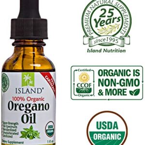 Island Nutrition, Oregano Oil Organic Liquid Drops - 100% Pure & Undiluted - USDA-Certified Organic (1 oz) 75% Carvacrol - Grown in Spain - Immune Support Supplement with Oil of Oregano.