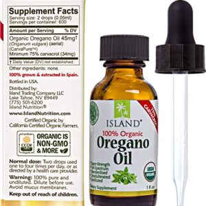 Island Nutrition, Oregano Oil Organic Liquid Drops - 100% Pure & Undiluted - USDA-Certified Organic (1 oz) 75% Carvacrol - Grown in Spain - Immune Support Supplement with Oil of Oregano.