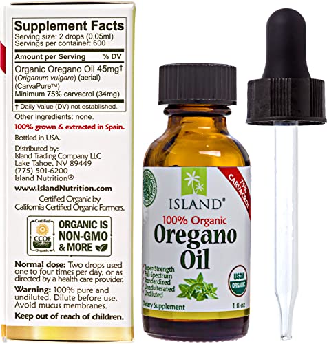 Island Nutrition, Oregano Oil Organic Liquid Drops - 100% Pure & Undiluted - USDA-Certified Organic (1 oz) 75% Carvacrol - Grown in Spain - Immune Support Supplement with Oil of Oregano.