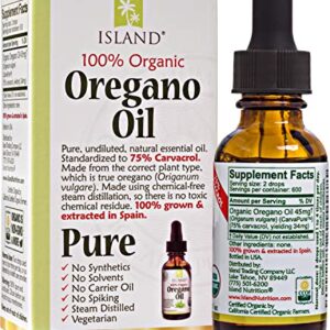 Island Nutrition, Oregano Oil Organic Liquid Drops - 100% Pure & Undiluted - USDA-Certified Organic (1 oz) 75% Carvacrol - Grown in Spain - Immune Support Supplement with Oil of Oregano.