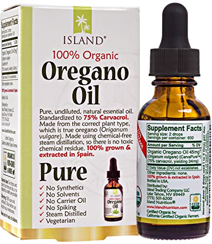 Island Nutrition, Oregano Oil Organic Liquid Drops - 100% Pure & Undiluted - USDA-Certified Organic (1 oz) 75% Carvacrol - Grown in Spain - Immune Support Supplement with Oil of Oregano.