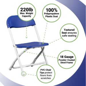 TentandTable Kids Size Poly Plastic Chairs with Metal Frame - Heavy Duty 220 lbs. Capacity - Lightweight & Stackable Folding Chair for Classroom Desk & Tables, Event, Banquet, Wedding (4 Pack, Blue)