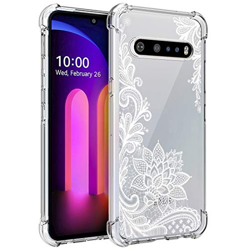 Osophter for LG V60 ThinQ Case for Girls Women Shock-Absorption Flexible TPU Rubber Cell Phone Cases Cover for LG V60(White Lace)