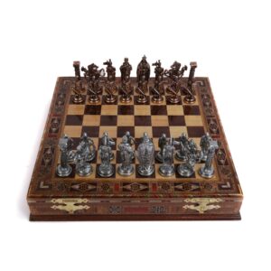 gifthome medieval british army antique copper metal chess set for adults,handmade pieces and natural solid wooden chess board with storage inside king 3.35inc