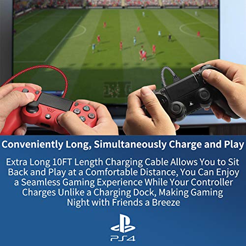 PS4 Controller Long Charger Cable – 2 Pack 10FT Nylon Braided Micro USB Charging Play Cord Data Sync Wire with Flush Fit Connector for Playstation 4 Accessories